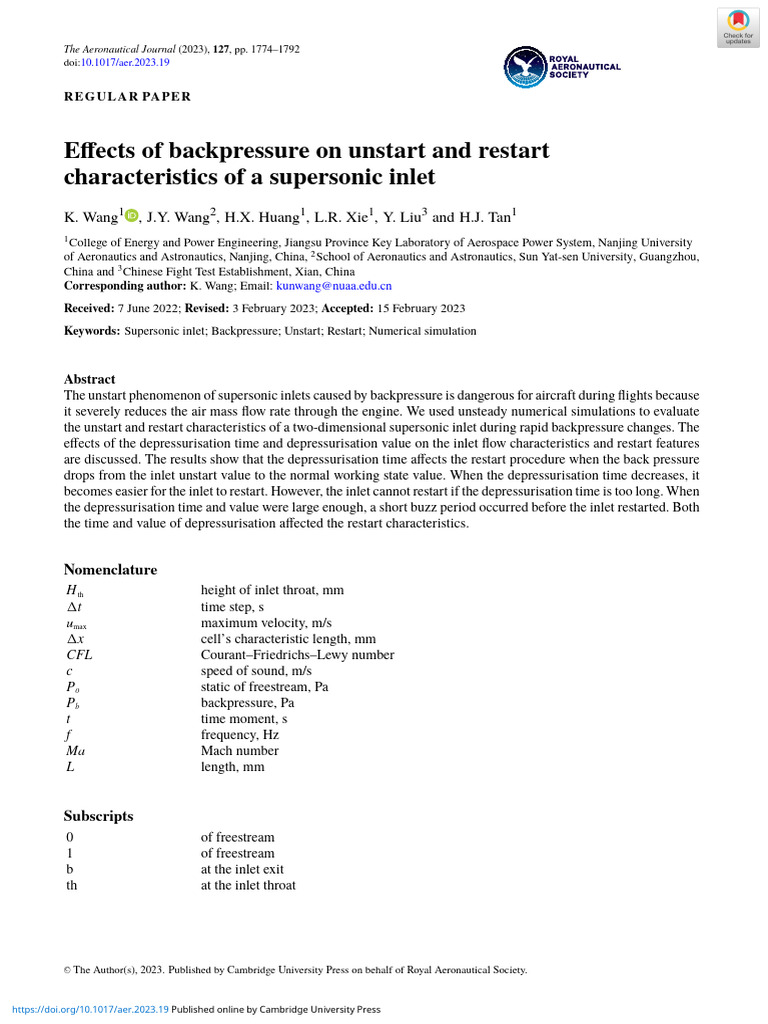 Effects of Backpressure On Unstart and Restart Characteristics of A ...