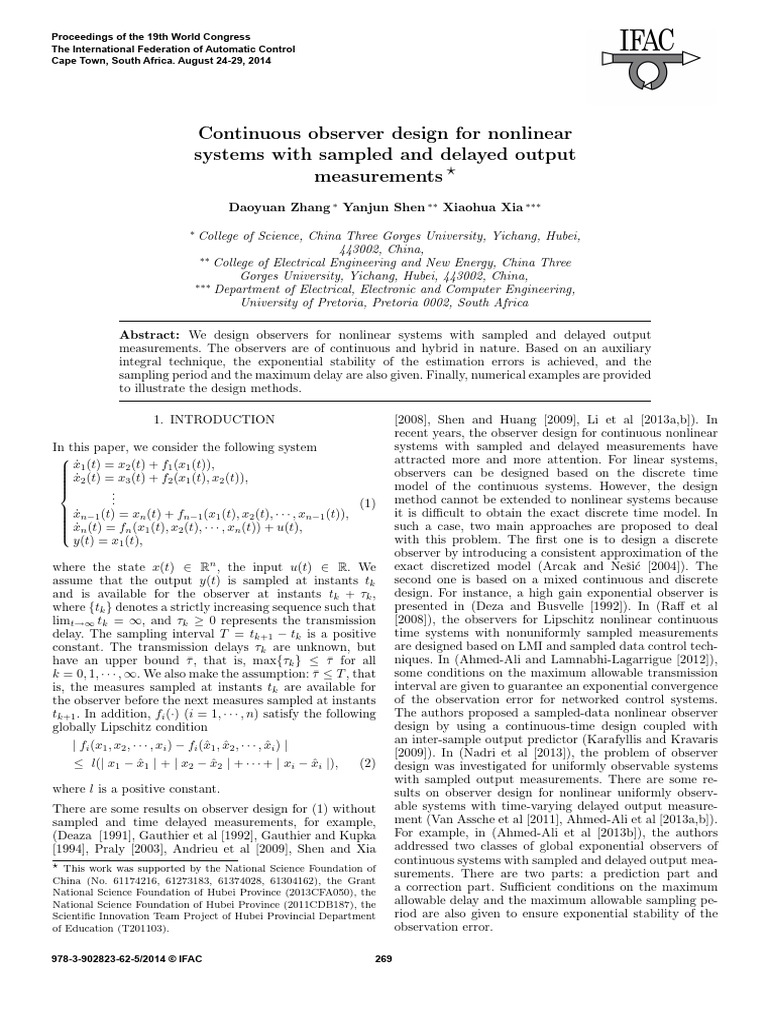 Continuous Observer Design For Nonlinear Systems With Sa - 2014 - IFAC ...