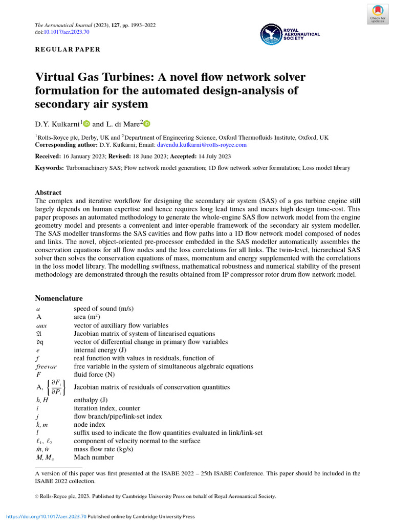 Virtual Gas Turbines A Novel Flow Network Solver Formulation For The Automated Design Analysis ...