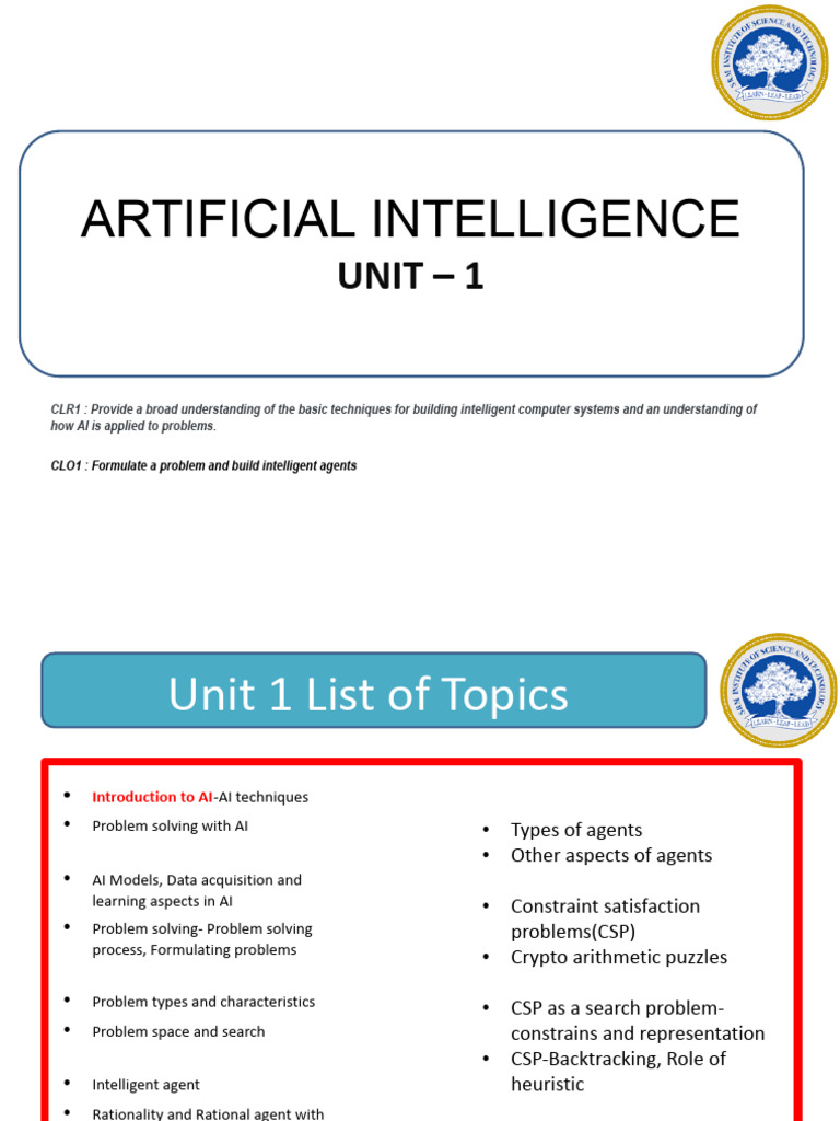 AI Unit 1 PPT (21CSC206T) | PDF | Artificial Intelligence | Intelligence (AI) & Semantics