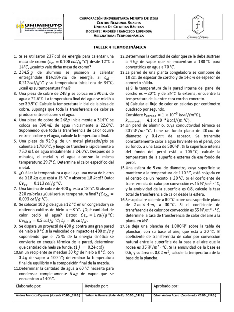Taller 4 - 1 TermodinÃ¡mica | Descargar gratis PDF | Transferencia de calor | Calor