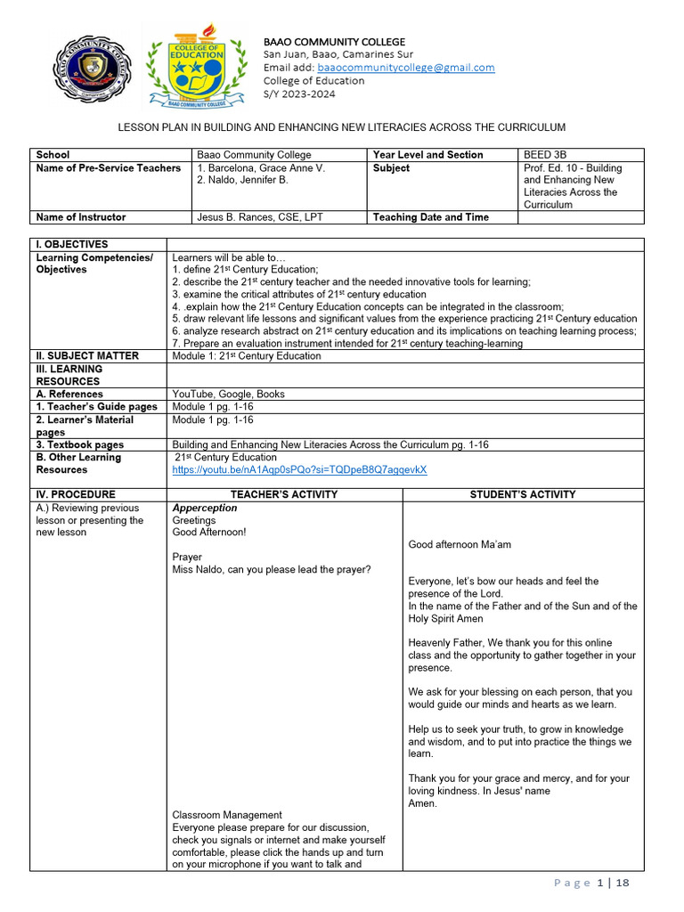 21st Century Education Lesson Plan | PDF | Learning | Project Based ...