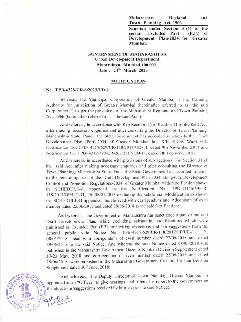 Mumbai Development Plan 2034 Notification | PDF