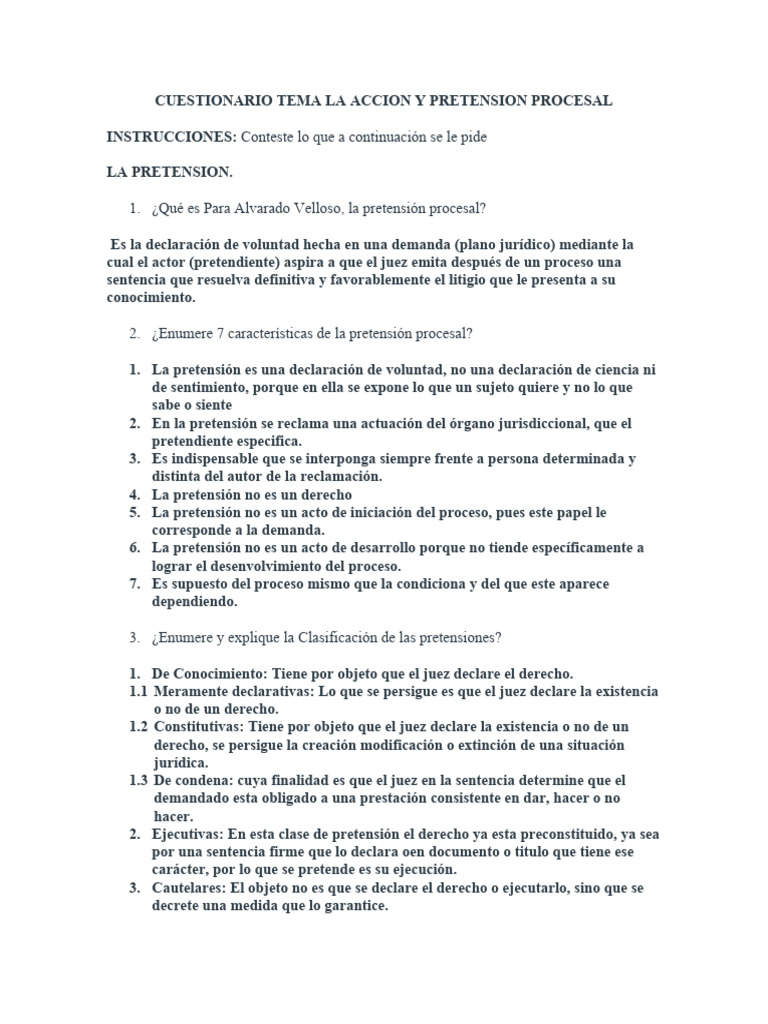 CUESTIONARIO TEMA LA ACCION Y PRETENSION PROCESAL | PDF | Ley procesal ... CUESTIONARIO TEMA LA ACCION Y PRETENSION PROCESAL | PDF | Ley procesal ...