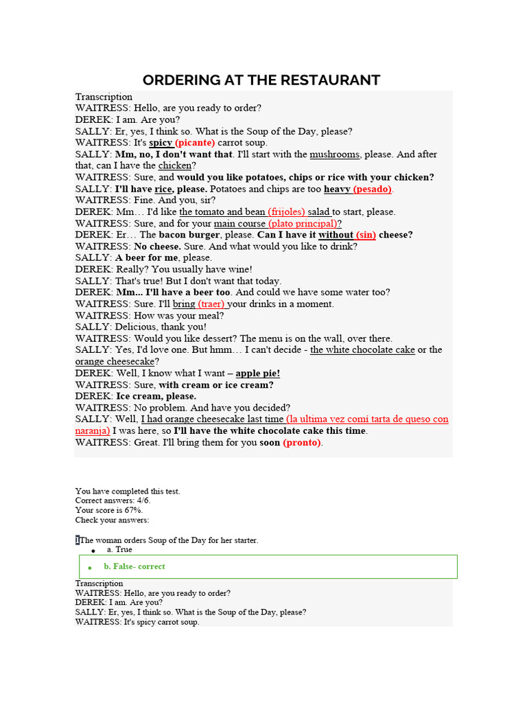 listening 8- ORDERING AT THE RESTAURANT | PDF | Desserts | Waiting Staff