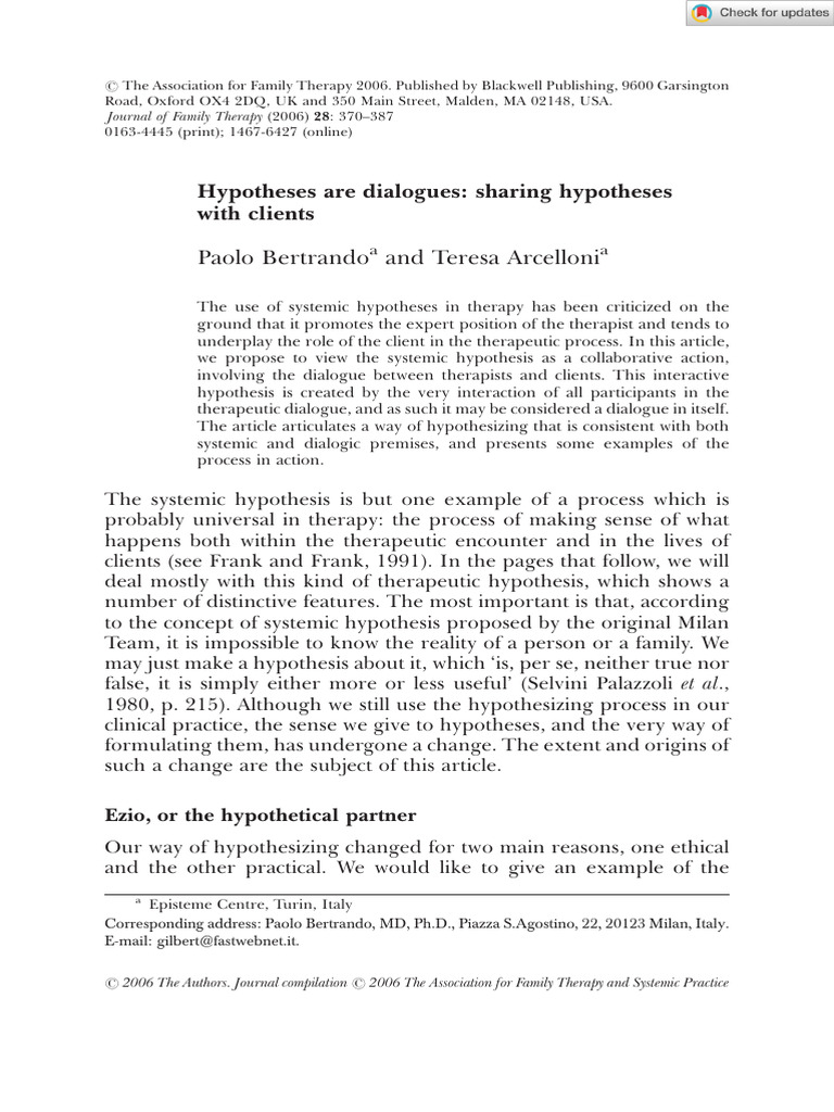 Journal of Family Therapy - 2006 - Bertrando - Hypotheses Are Dialogues ...