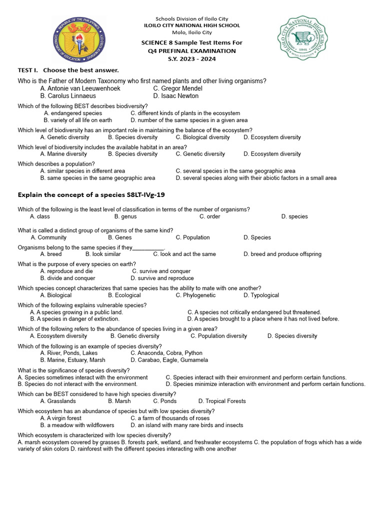 Science 8 Q4 Prefinal Exam Test Items | PDF | Archaea | Species