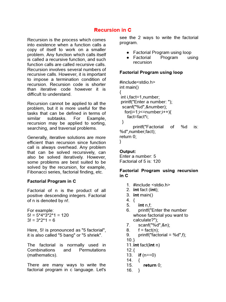 Recursion in C | PDF | Function (Mathematics) | Control Flow Recursion in C | PDF | Function (Mathematics) | Control Flow
