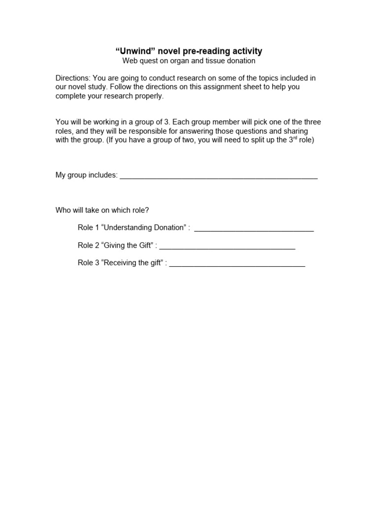 Unwind Novel Webquest Pre-Reading Activity | PDF | Organ Donation ...