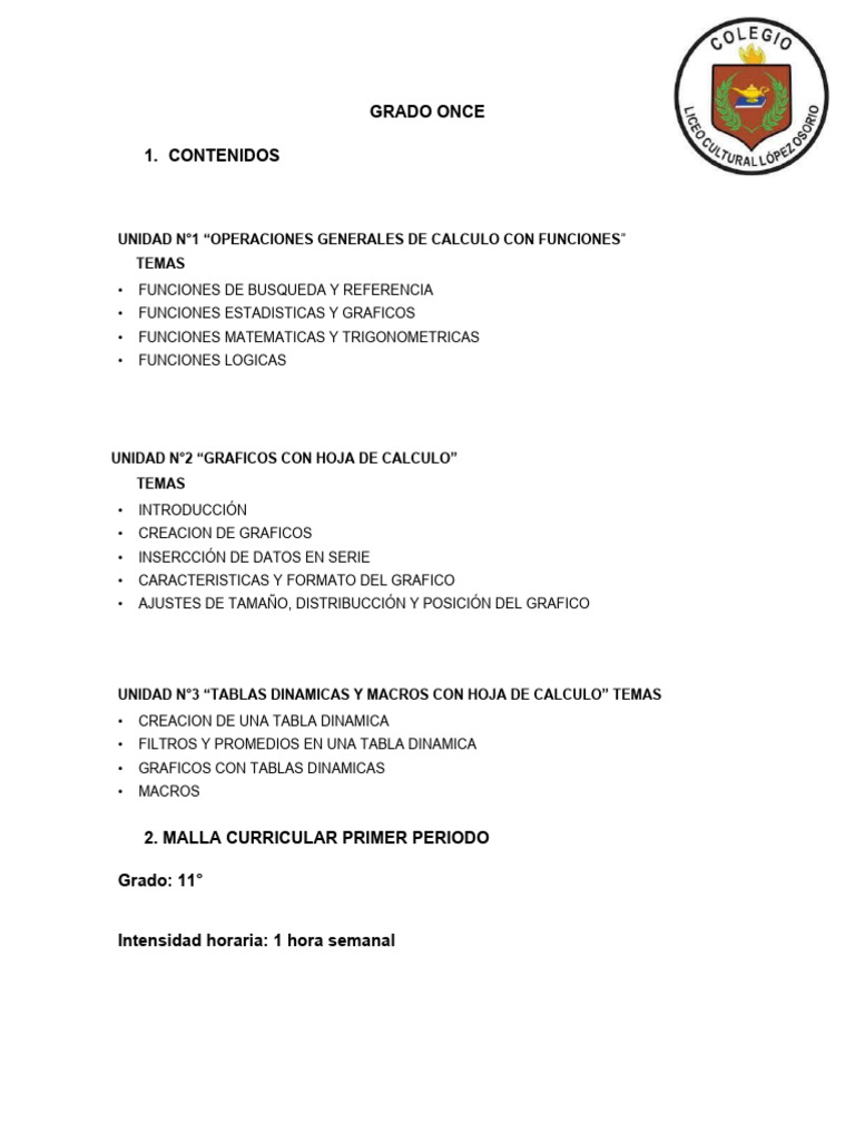 GRADO ONCE CONTENIDOS Y MALLA CURRICULAR PRIMER PERIODO | PDF | Hoja de cálculo | Matemáticas