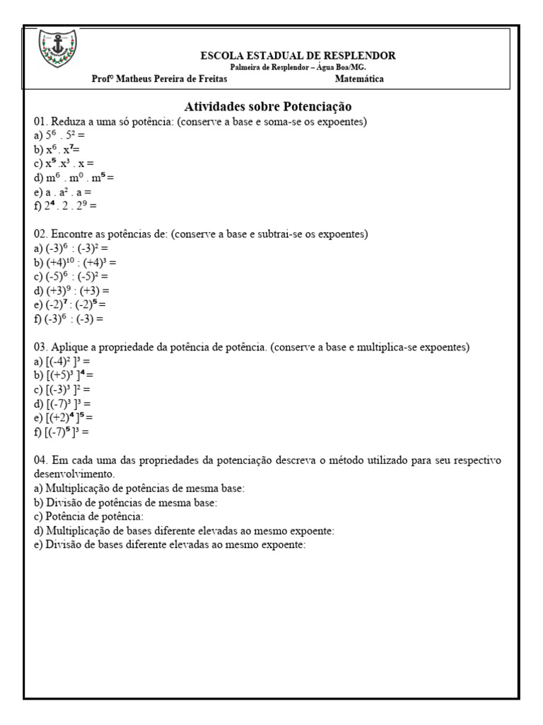 Atividades Sobre Potência - 9° Ano | PDF | Exponenciação | Matemática