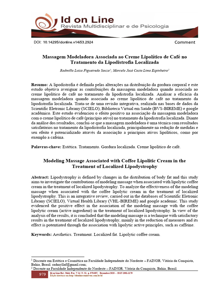 Massagem Modeladora Associada Ao Creme LipolÃ Tico de CafÃ© No Tratamento Da Lipodistrofia | PDF ...