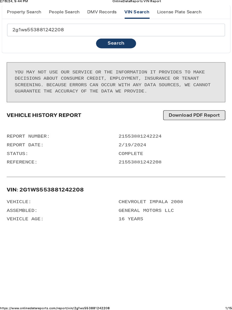 VIN Report For 2G1WS553881242208 | PDF | Chevrolet Impala | Airbag