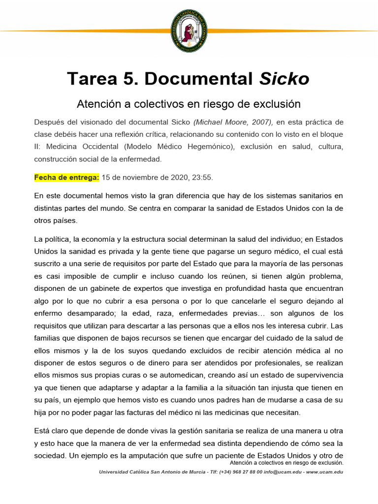 Tarea 5. Documental Sicko. COLECTIVOS EN RIESGO DE EXCLUSIÓN | PDF | Medicina | Cuidado de la salud