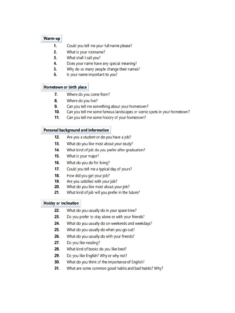 L1 - H.W - Speaking Part 1 | PDF