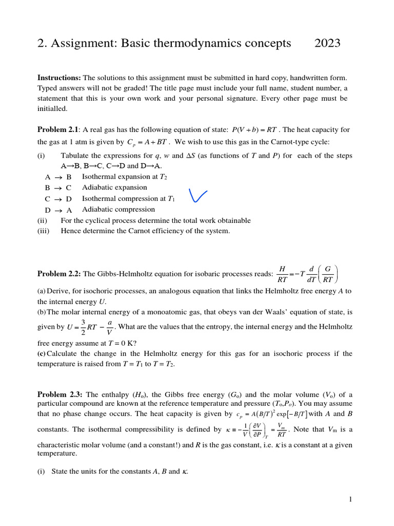 Thermodynamics Assignment Guide | PDF | Enthalpy | Gibbs Free Energy