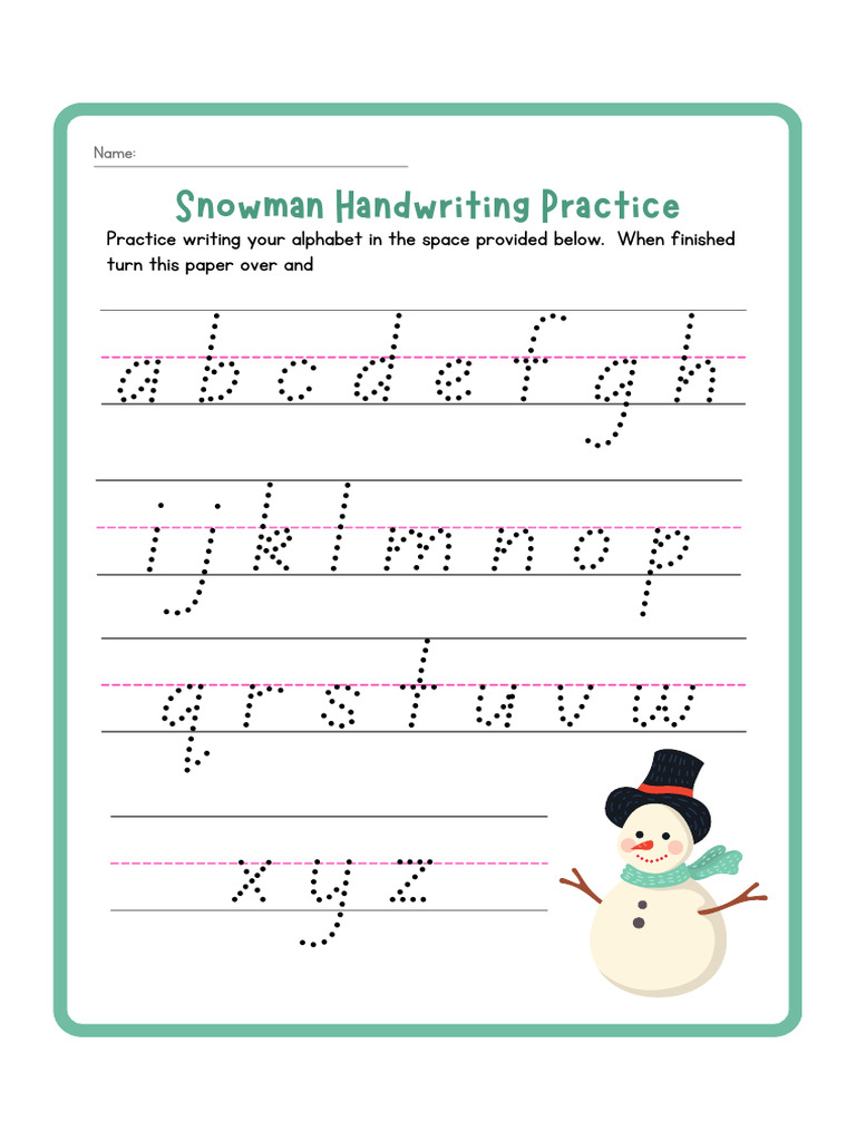 Blue Illustrated Snowman Handwriting Practice Worksheet | PDF