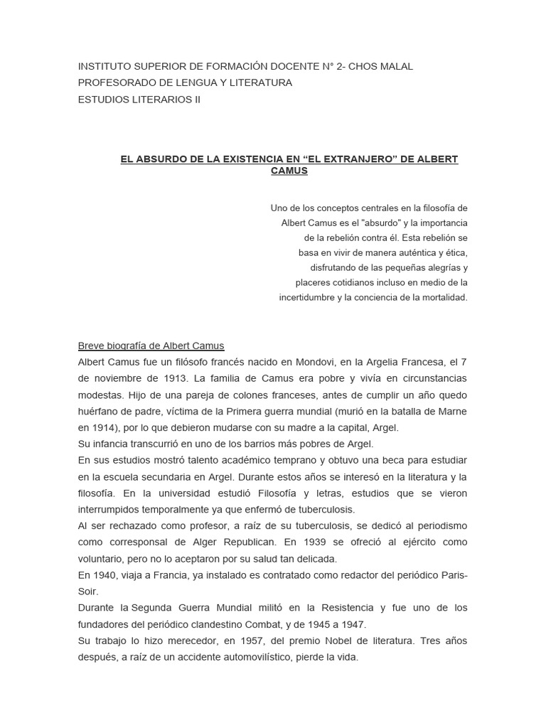 Absurdismo en "El extranjero" de Camus | PDF | Albert Camus ...