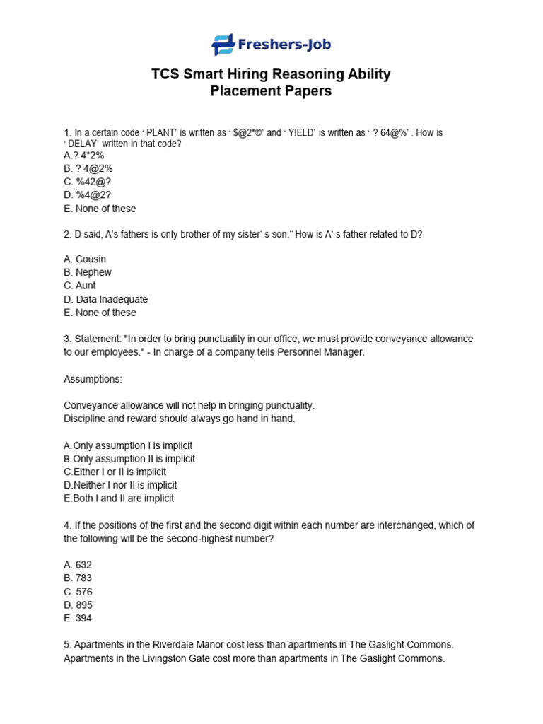 TCS Smart Hiring Reasoning Ability | PDF