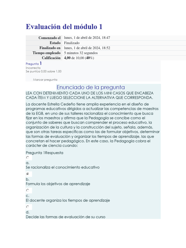 Evaluación del módulo 1 curso pedagogia final | PDF | Plan de estudios | Pedagogía