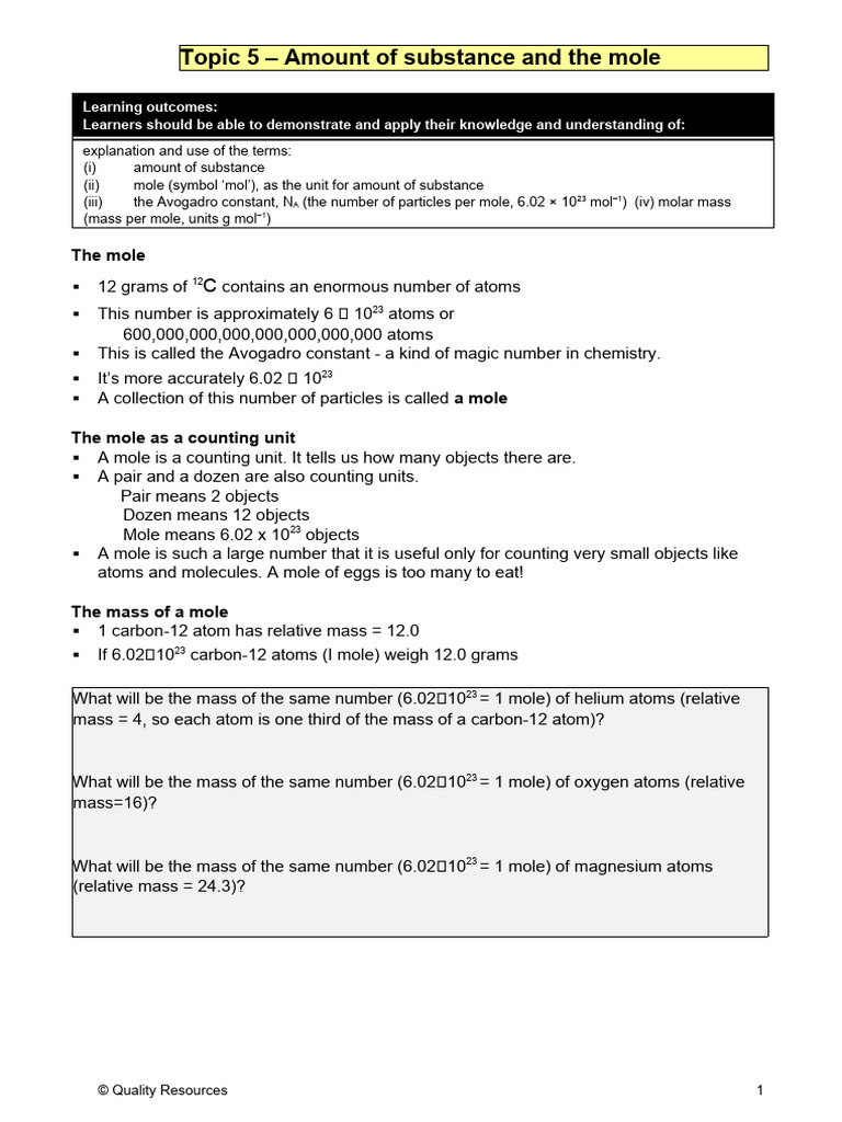 Worksheet Amount of Substance and The Mole | PDF | Mole (Unit) | Atoms