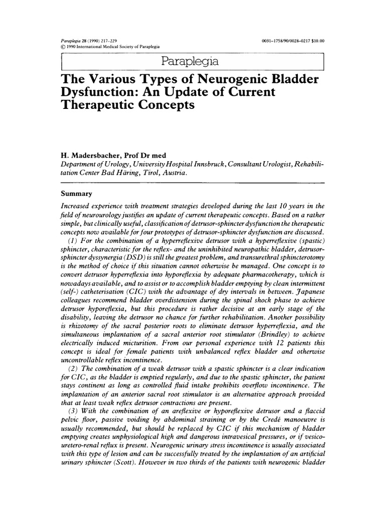 Paraplegia: The Various Types of Neurogenic Bladder Dysfunction: An Update of Current ...