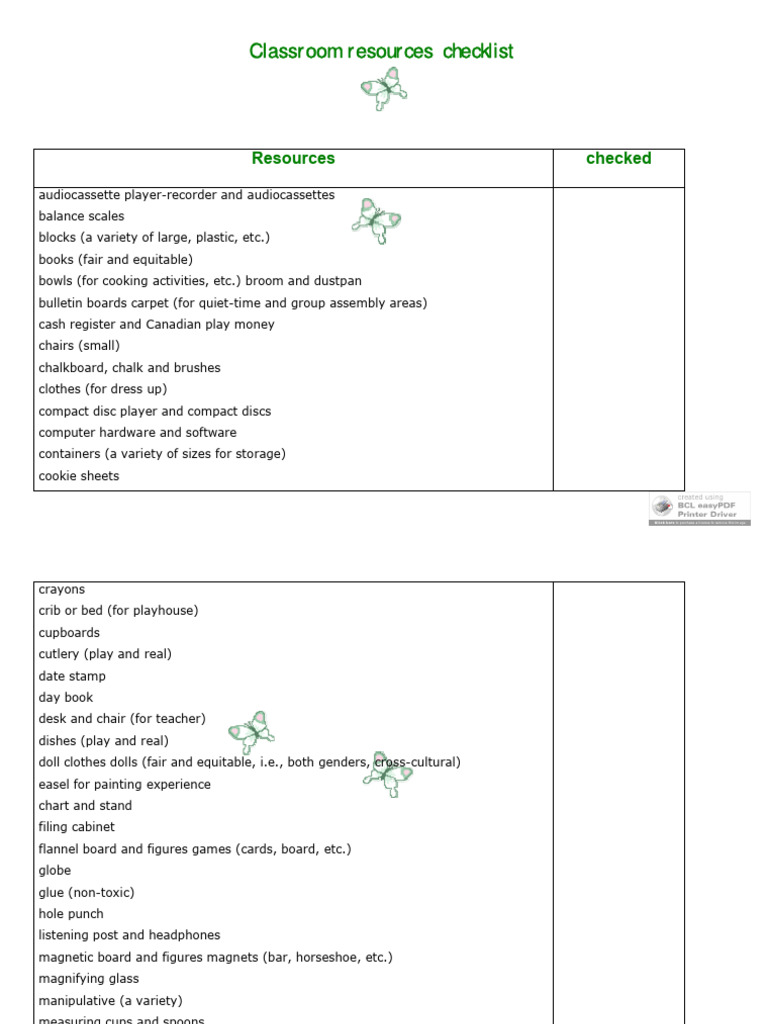 Classroom Resources Checklist | PDF | Home & Garden
