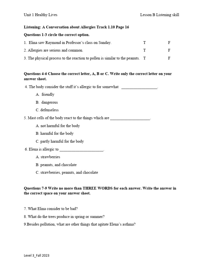 Unit 1 Lesson B Listening | PDF