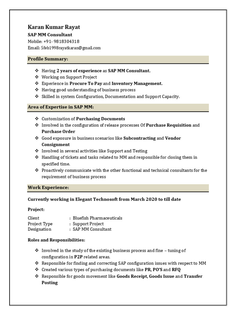 Sap MM Resume | PDF | Consultant | Business Process