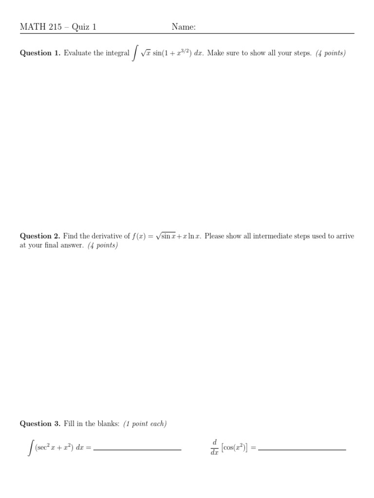 Calculus Quiz: Integrals & Derivatives | PDF | Teaching Methods & Materials