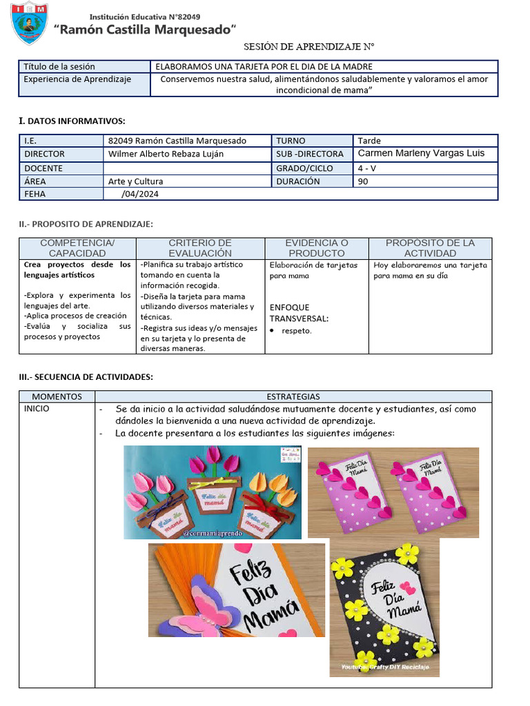SESION ARTE TARJETA PARA MAMA | PDF | Aprendizaje | Cognición
