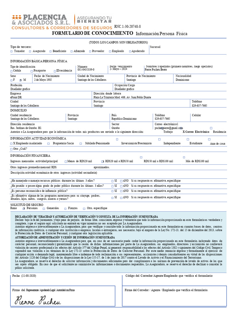 Formulario Seguro Persona Física RD | PDF