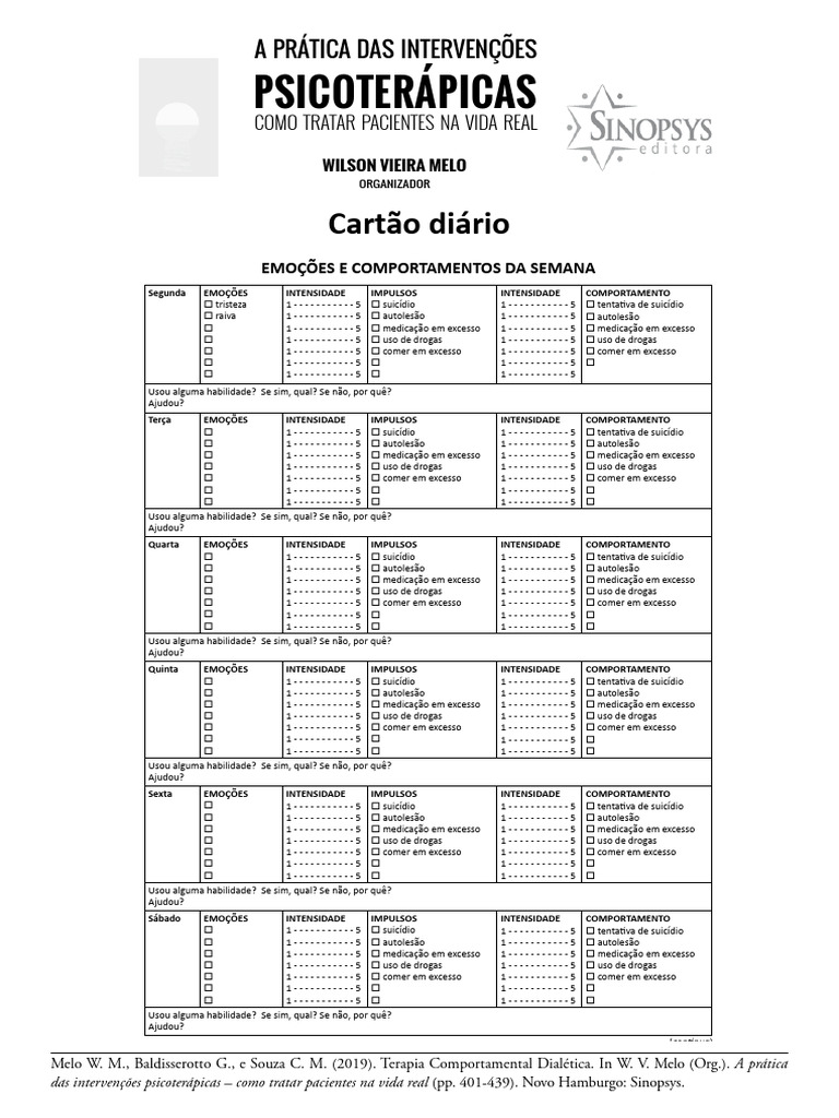 Cartão Diário DBT Adaptado | Download grátis PDF | Suicídio | Remédio