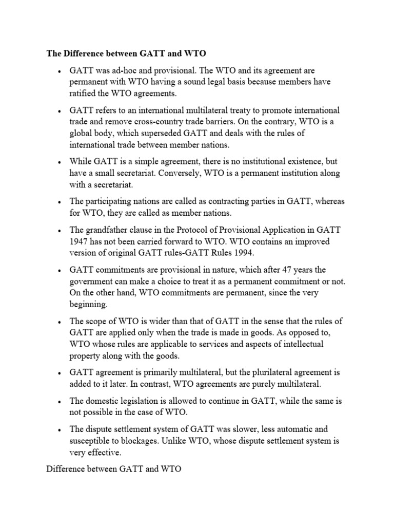 The Difference Between GATT and WTO | PDF | World Trade Organization | General Agreement On ...