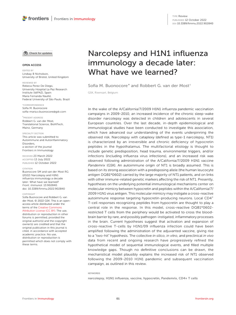 Narcolepsy and H1N1 Influenza Immunology A Decade Later What Have We Learned? | PDF | Human ...