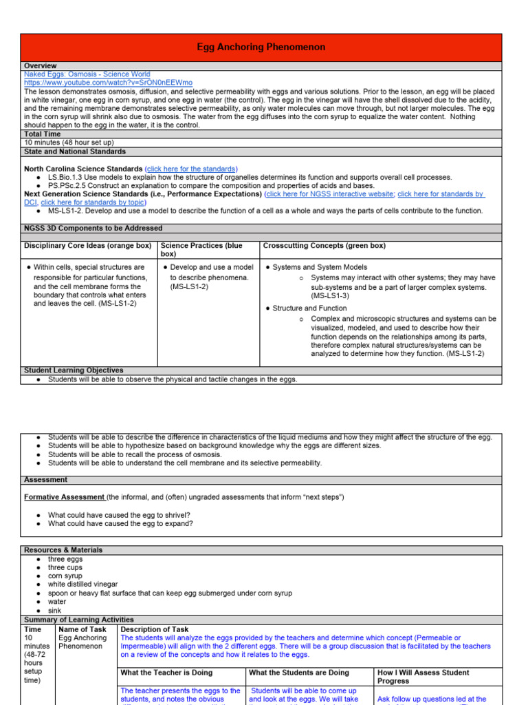 Anchoring Phenomenon Ems 205 Lesson Plan 2 | PDF | Osmosis | Cell Membrane
