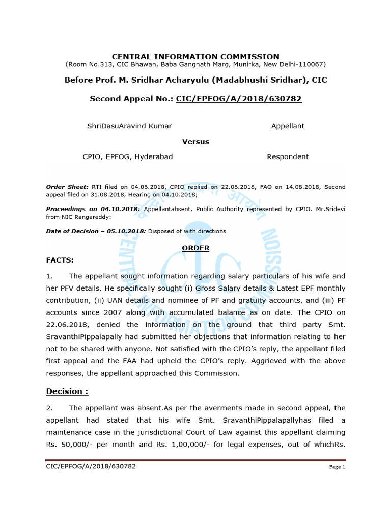 CIC Judgements in Favour of Husband To Obtain The Information of Wife Through RTI - 3 | PDF ...