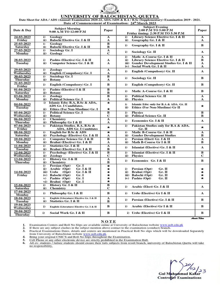 Date Sheet For Ada Ads A 20 22 Ada Ads And B A B Sc S Exam 19 21 Pdf