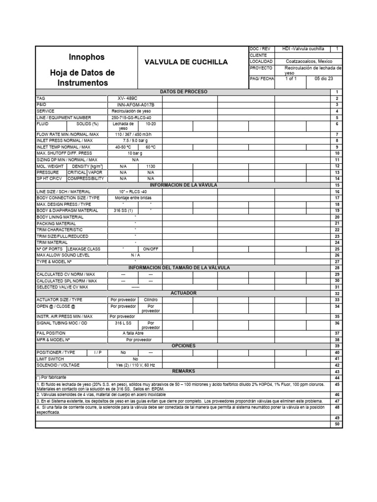 Hoja de datos Valvula cuchilla - Linea recirculacion a tq yeso - Rev 1 090424 | PDF | Materiales ...
