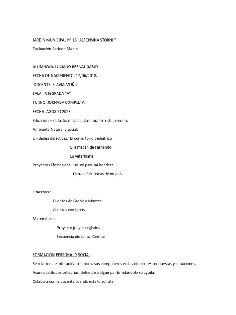 Evaluacion Período Medio Luciano Bernal Garay | PDF | Maestros | Evaluación