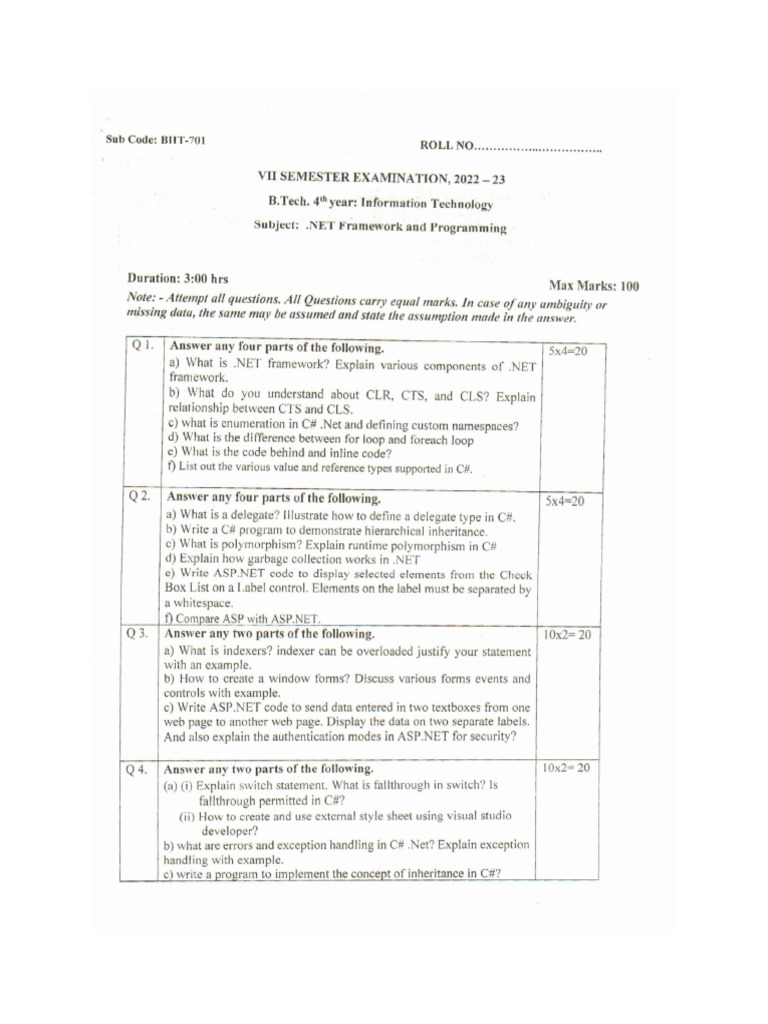 Biit-701 .Net Framework and Programming | PDF