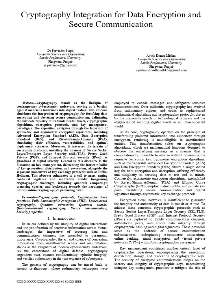Cryptography Integration For Data Encryption And Secure Communication Pdf Cryptography 3419