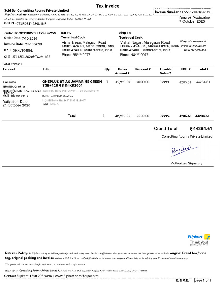 Flipkart Invoice 24 - 10 - 2020 | PDF | Taxes | Government Finances