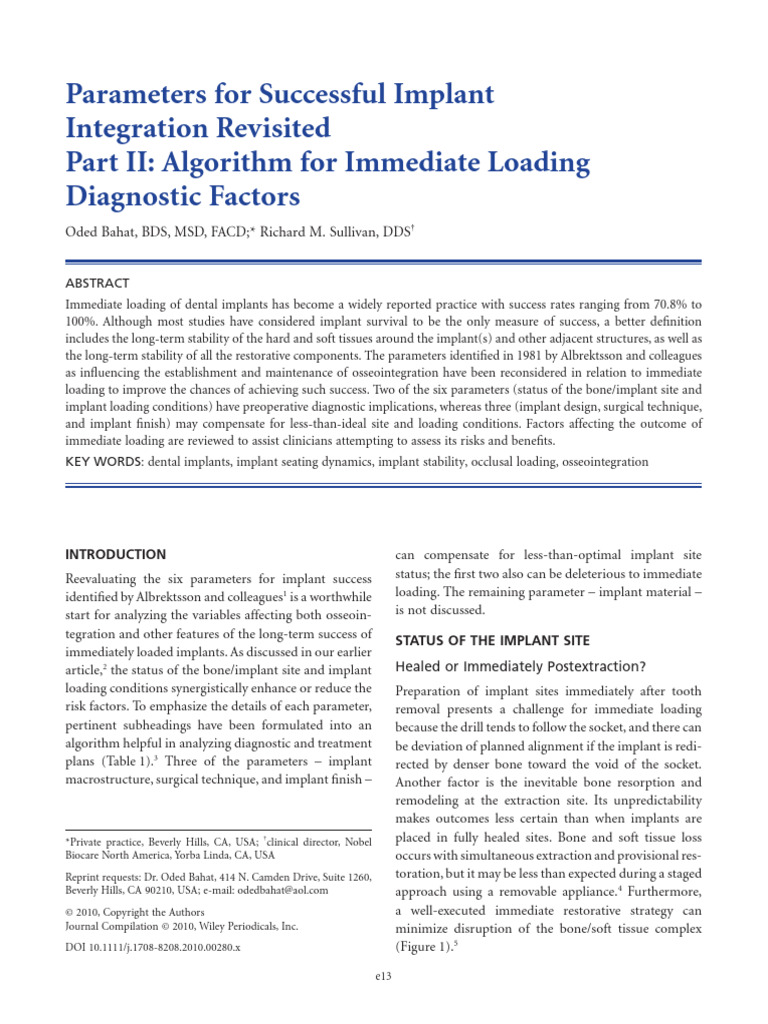 Clin Implant Dent Rel Res - 2010 - Bahat - Parameters for Successful Implant Integration ...