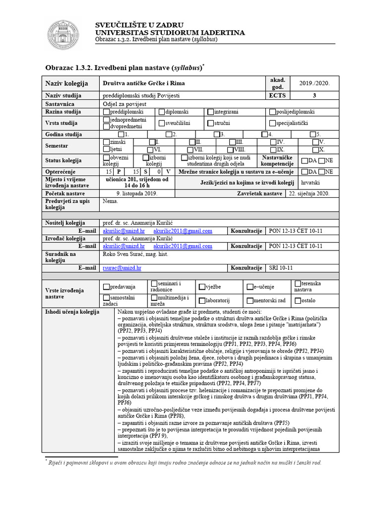 Drustva Ant - Grcke I Rima JPD I DPD Syllabus 2019 - 2020 | PDF