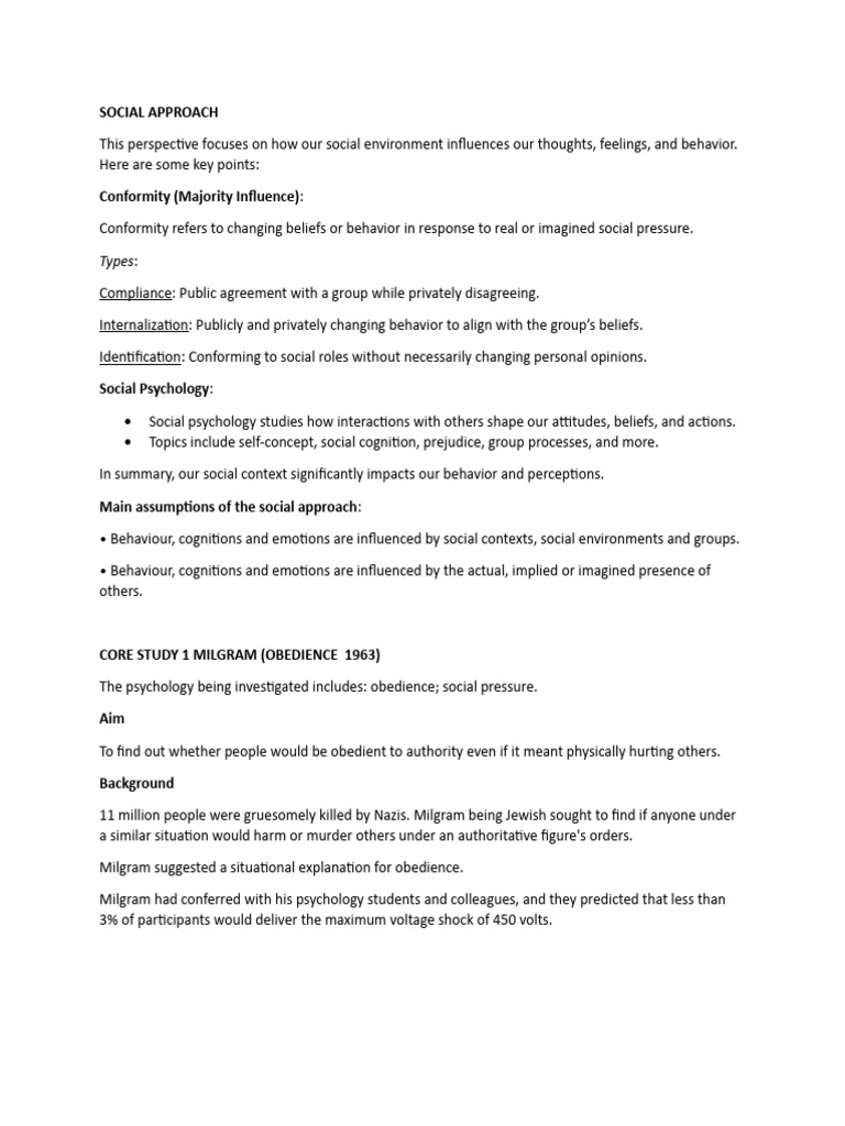 Summary Notes On Social Approach | PDF | Obedience (Human Behavior ...