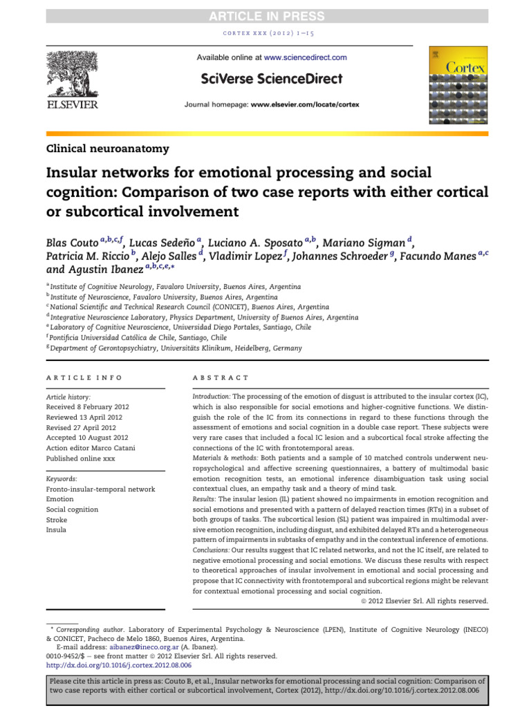 Insular Networks For Emotional Processing and Social Cognition - Couto Et Al (2012) | PDF ...