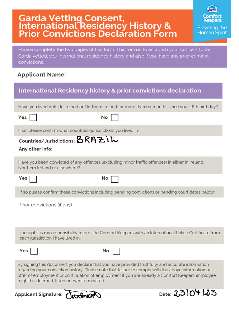 520.01 F Garda Vetting and International Residency History Form | PDF | Justice | Crime & Violence