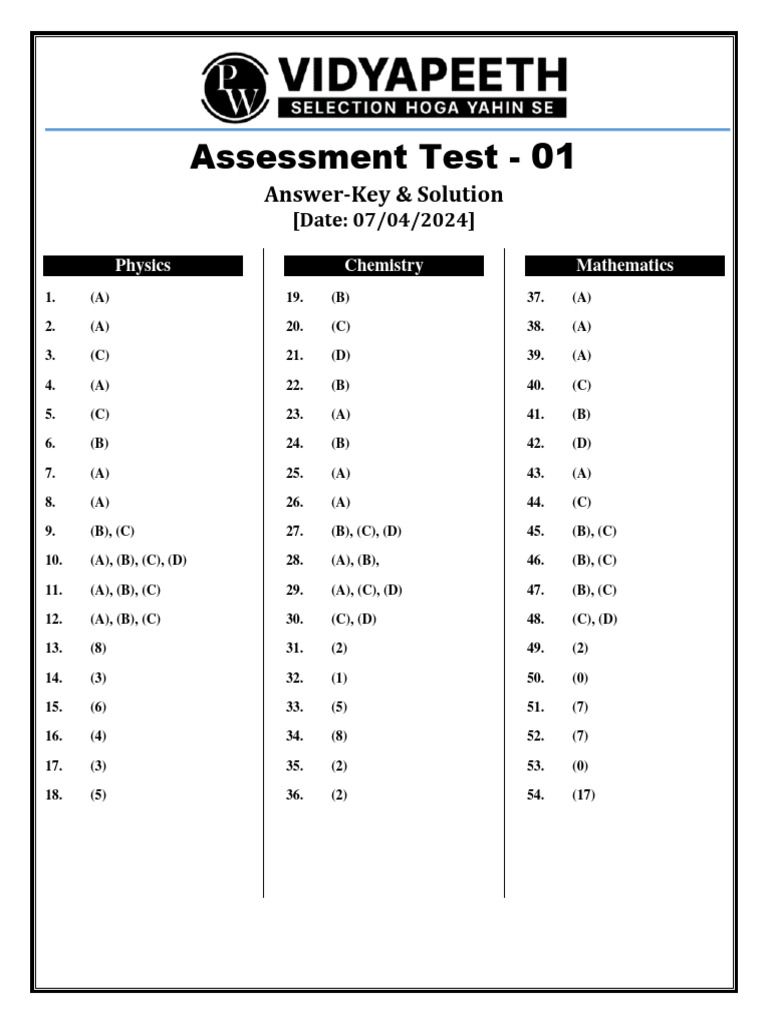Ans. Assesment Test-01 - XII - JEE - Adv - PCM - NareshAnwani | PDF