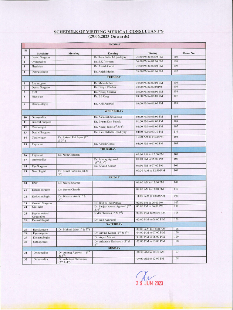 Medical Consultant Schedule | PDF | Medical Specialties | Surgery